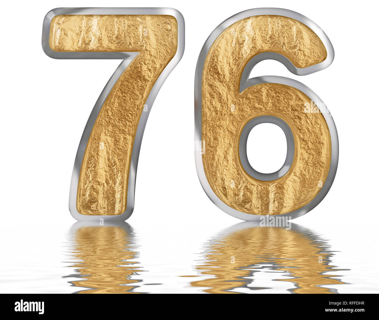 Numeral 76, seventy six, reflected on the water surface, isolated on ...