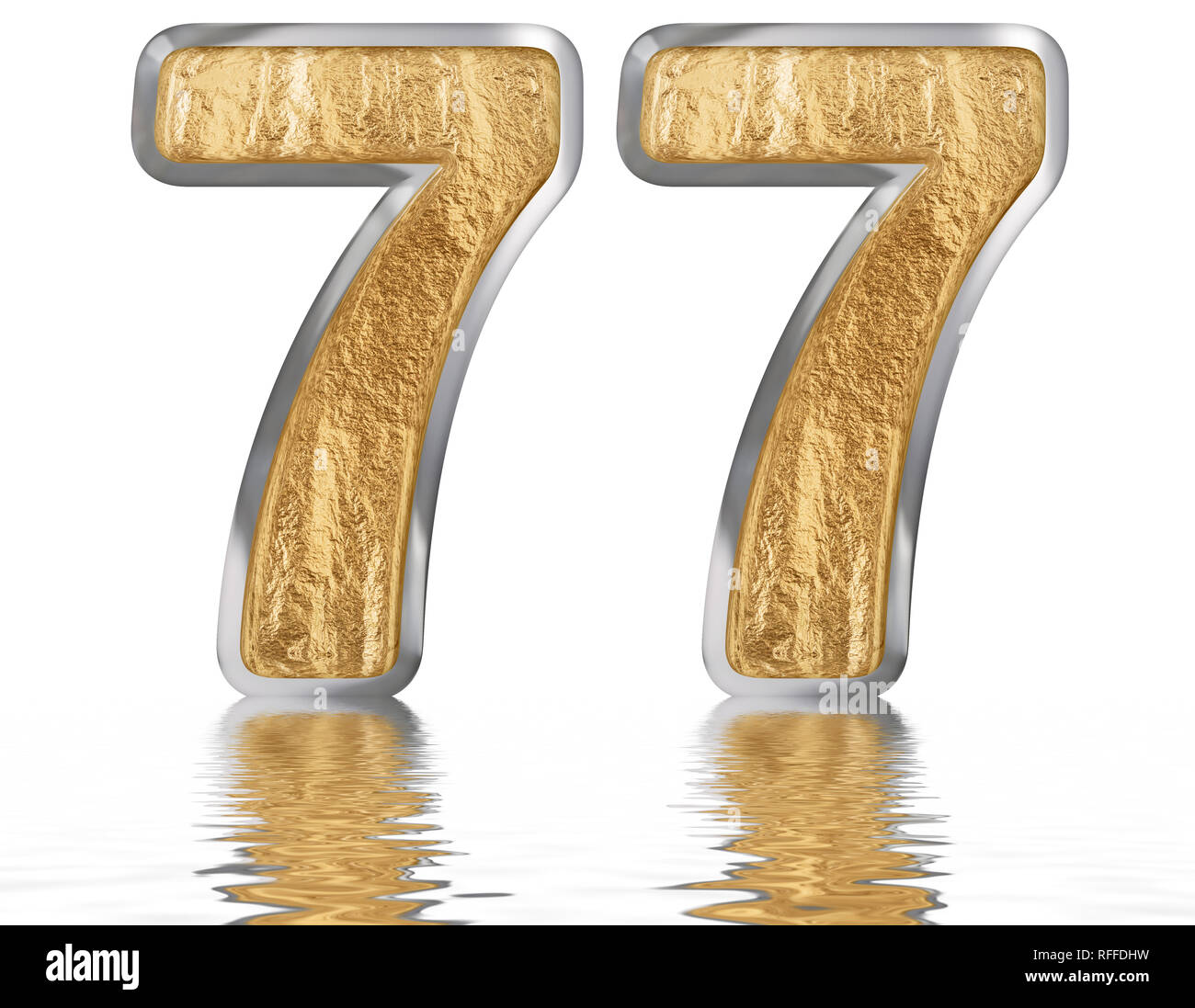 Numeral 77, seventy seven, reflected on the water surface, isolated on ...