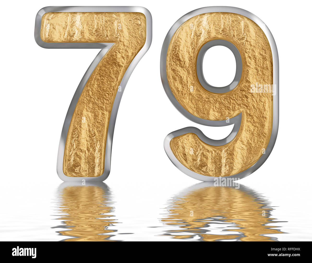Numeral 79, seventy nine, reflected on the water surface, isolated on ...