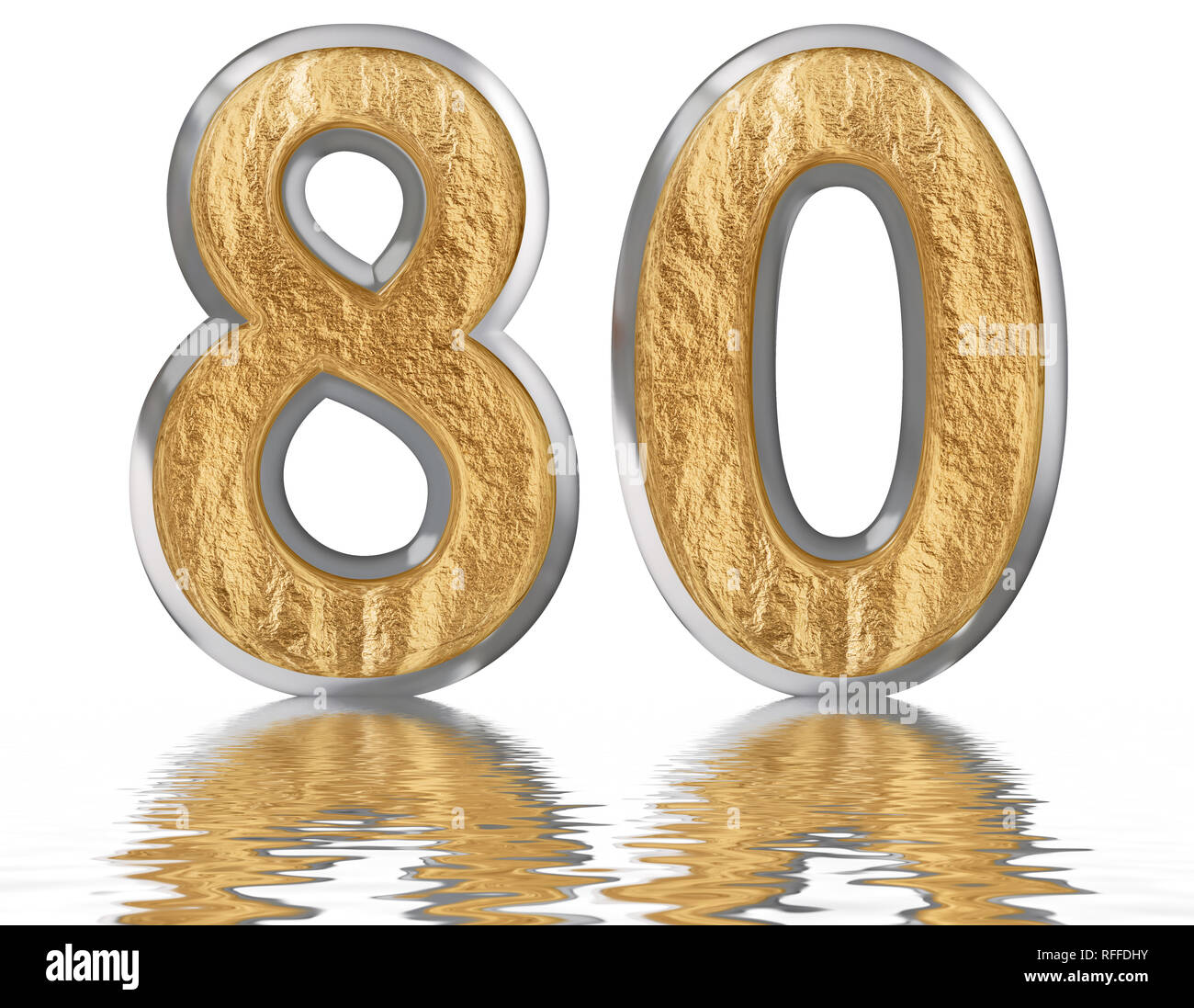 Numeral 80, eighty, reflected on the water surface, isolated on white ...
