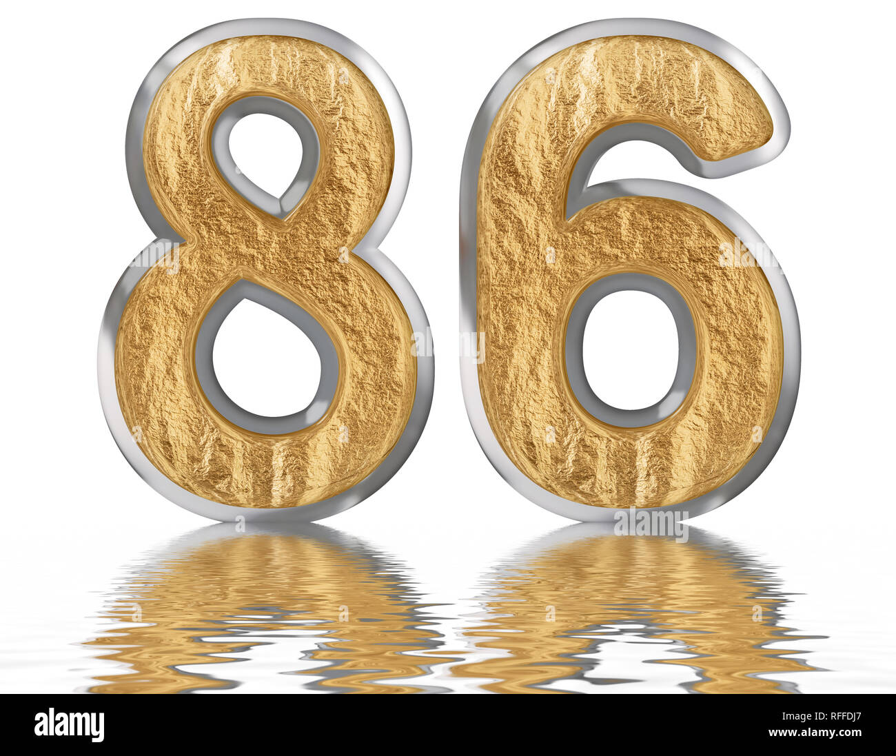 Numeral 86, eighty six, reflected on the water surface, isolated on ...