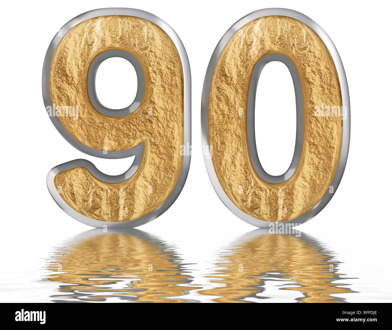 Numeral 90, ninety, reflected on the water surface, isolated on white ...