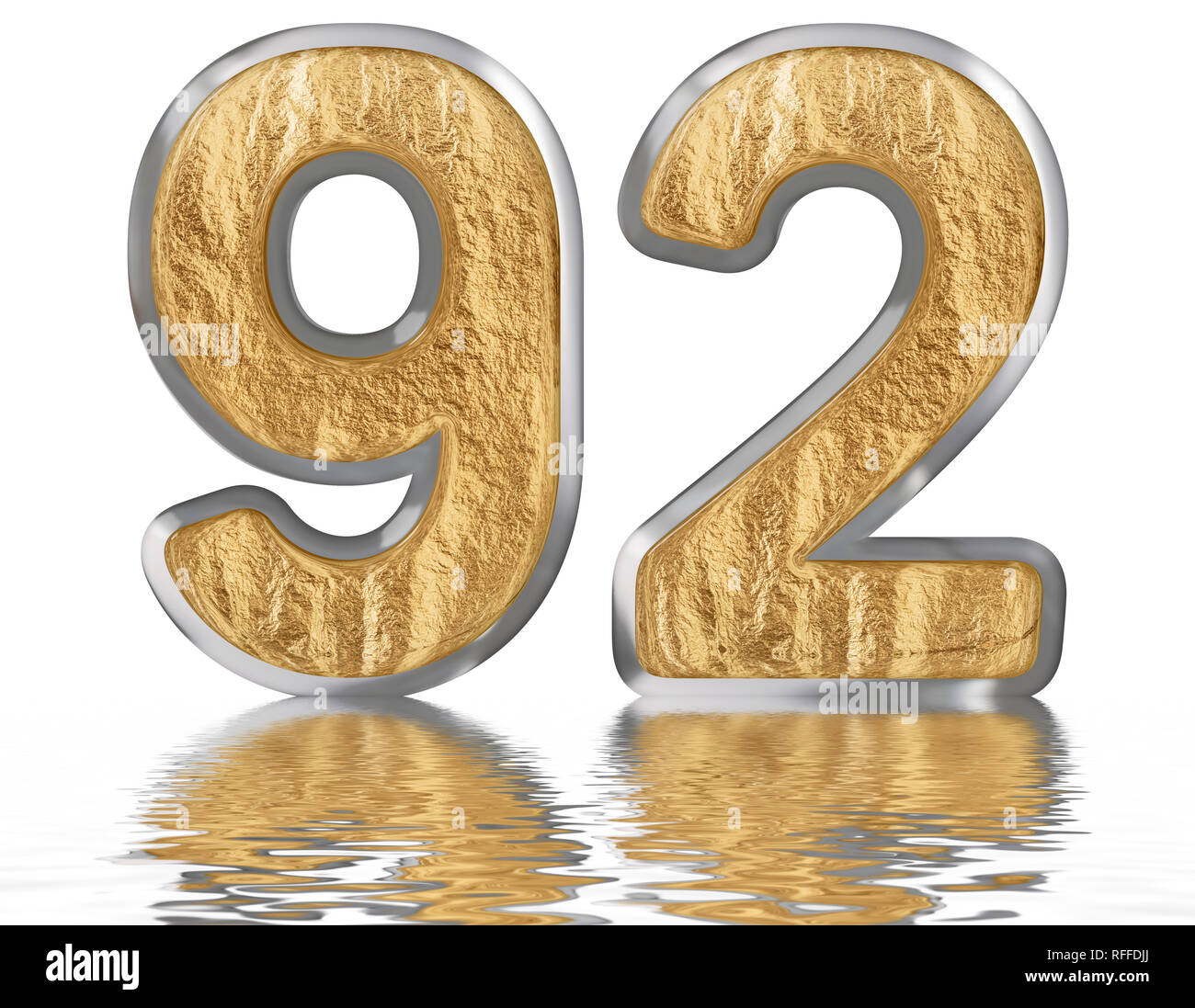 Numeral 92, ninety two, reflected on the water surface, isolated on ...