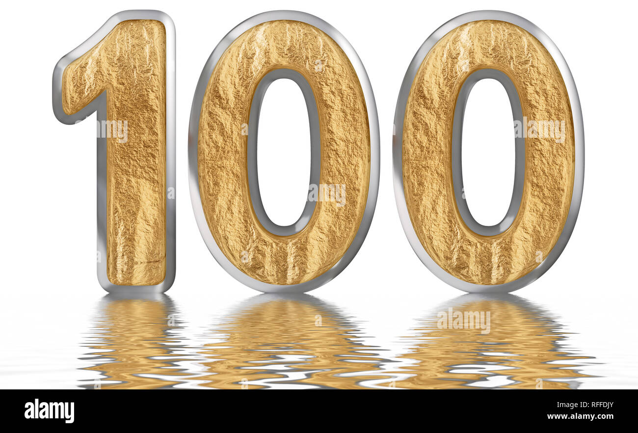 Numeral 100, one hundred, reflected on the water surface, isolated on ...