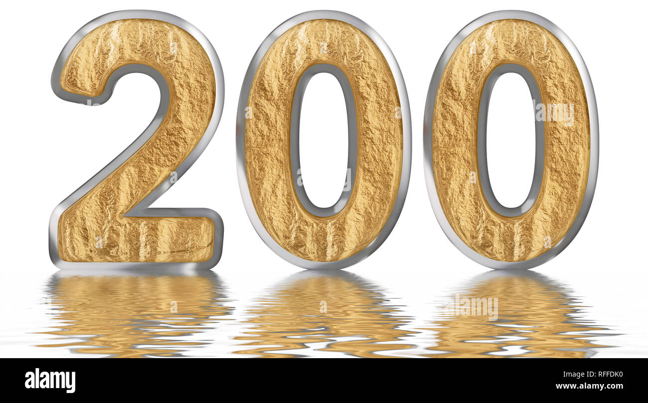 Numeral 200, two hundred, reflected on the water surface, isolated on ...