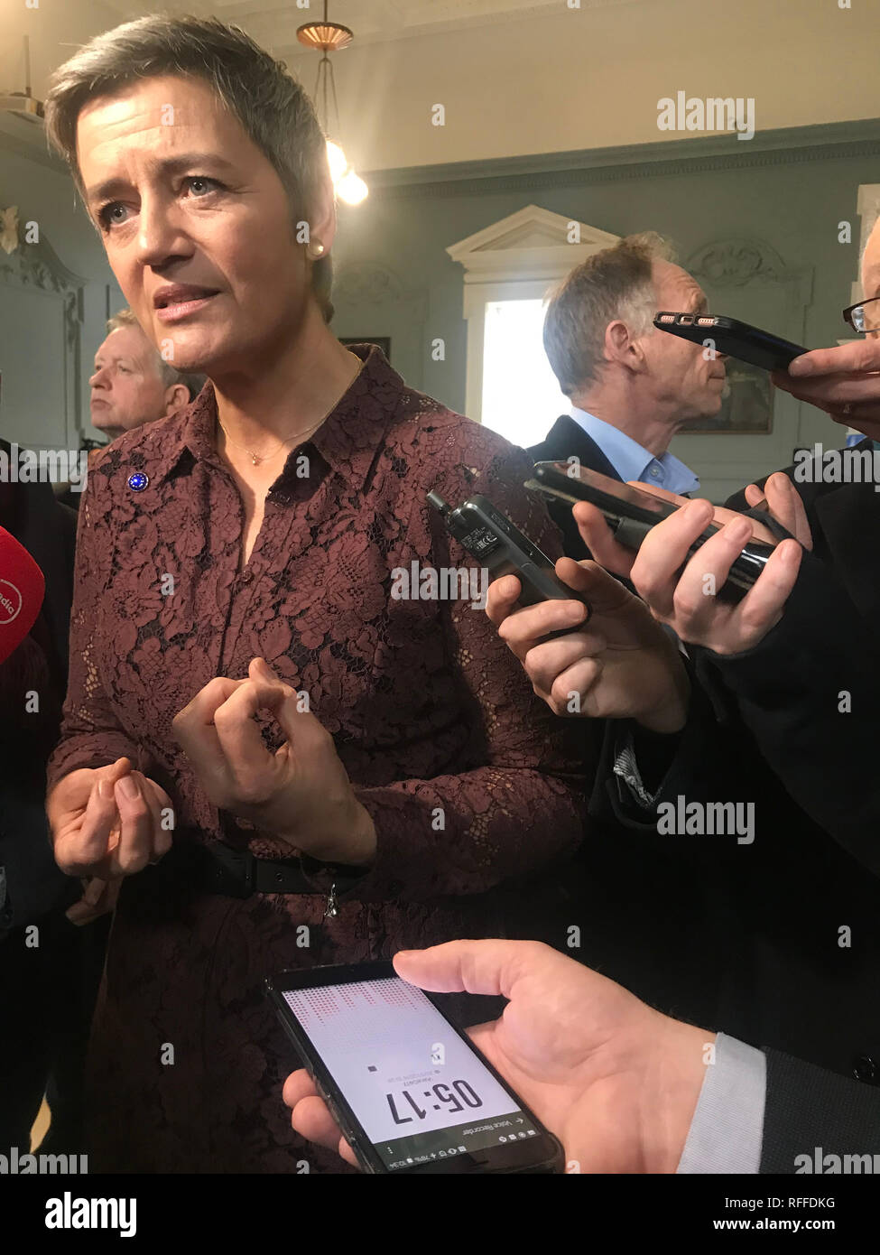 European Competition Commissioner Margrethe Vestager speaking to the ...