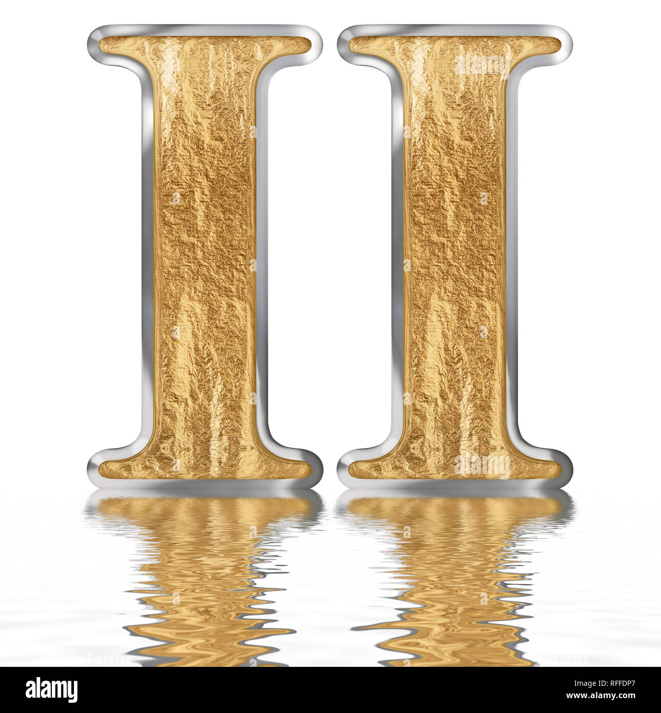 Numeral 2, two, reflected on the water surface, isolated on white, 3d ...