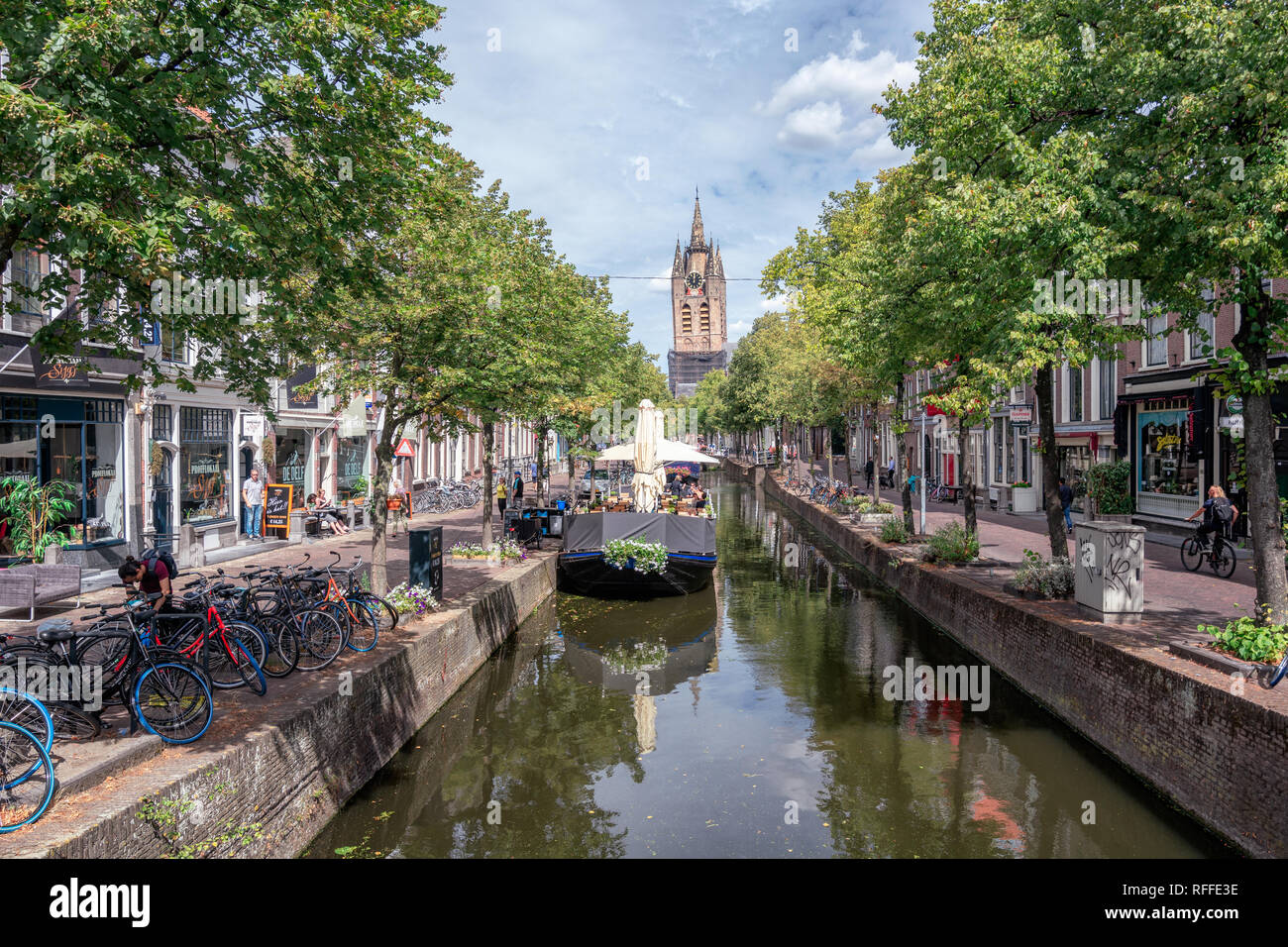 Delft, Netherlands, July 29, 2018: The Oude Delft canal in Delft with ...