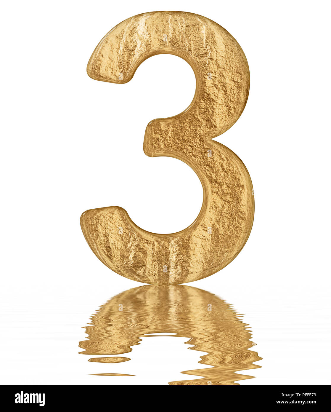 Numeral 3, three, reflected on the water surface, isolated on white, 3d ...
