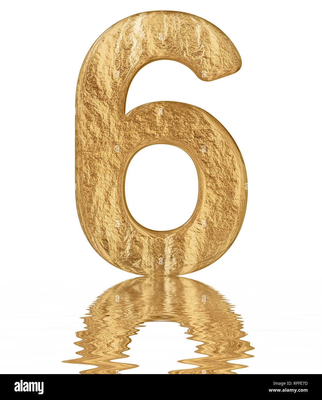 Numeral 6, six, reflected on the water surface, isolated on white, 3d ...