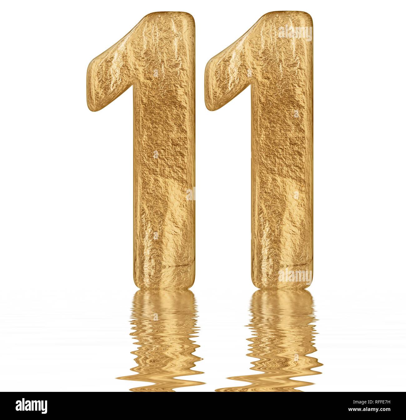 Numeral 11, eleven, reflected on the water surface, isolated on white ...