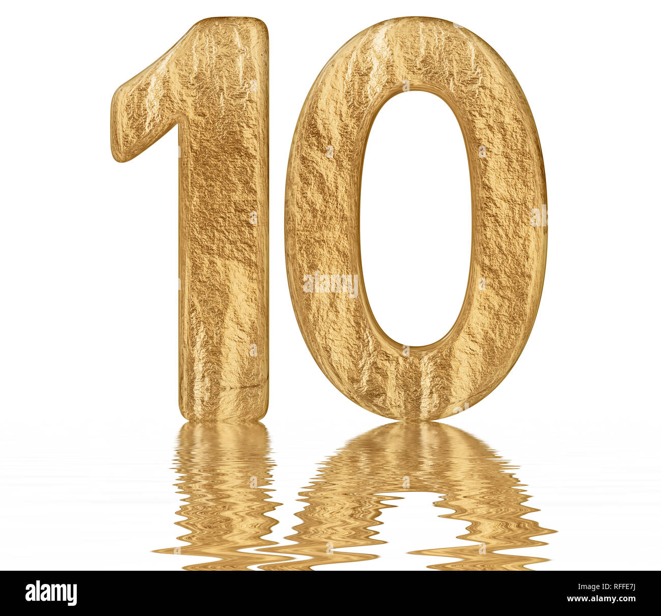 Numeral 10, ten, reflected on the water surface, isolated on white, 3d ...