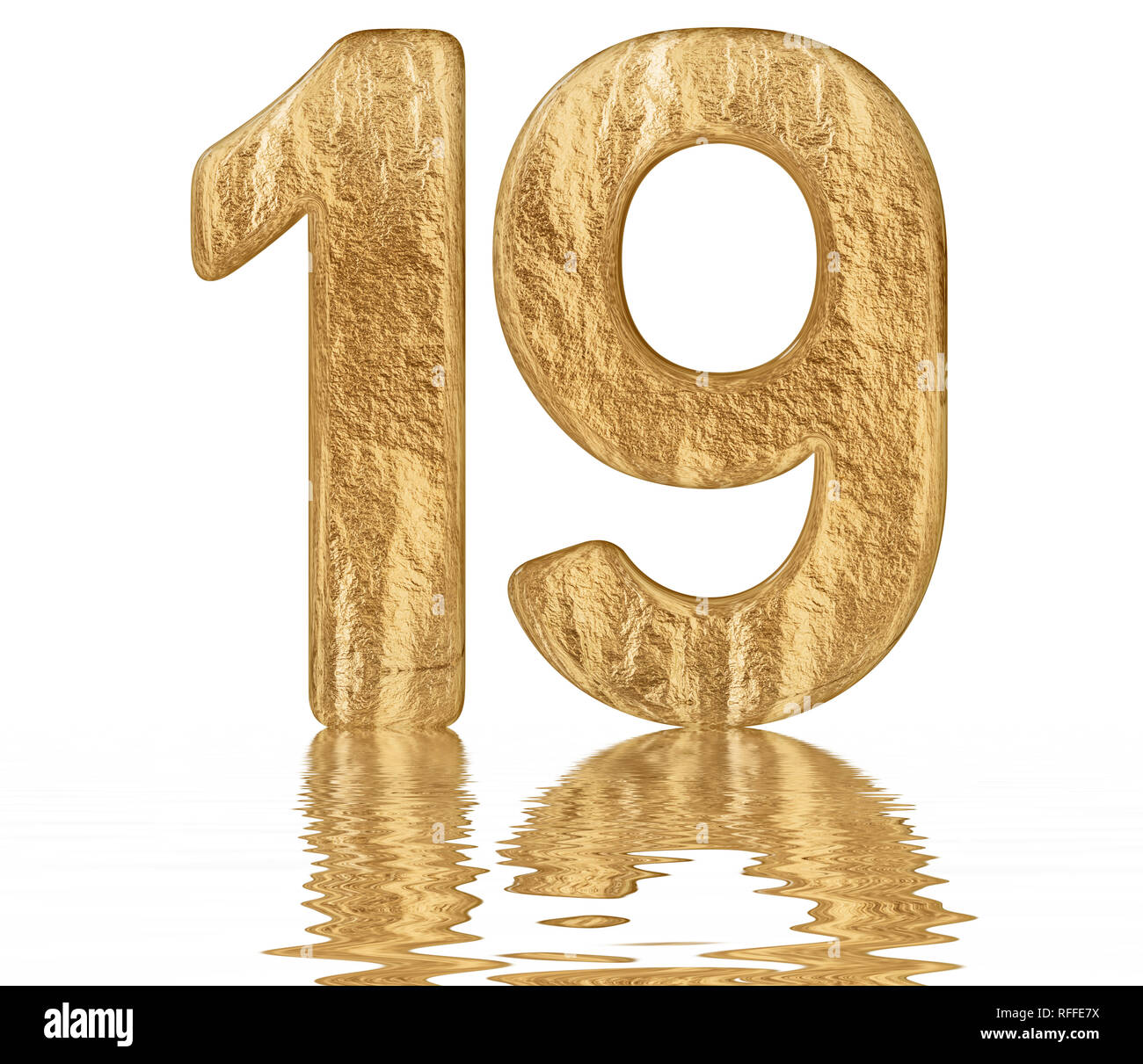Numeral 19, nineteen, reflected on the water surface, isolated on white ...