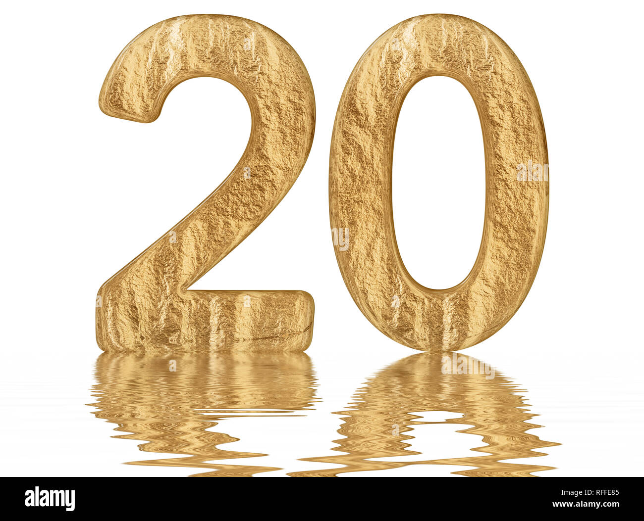 Numeral 20, twenty, reflected on the water surface, isolated on white ...