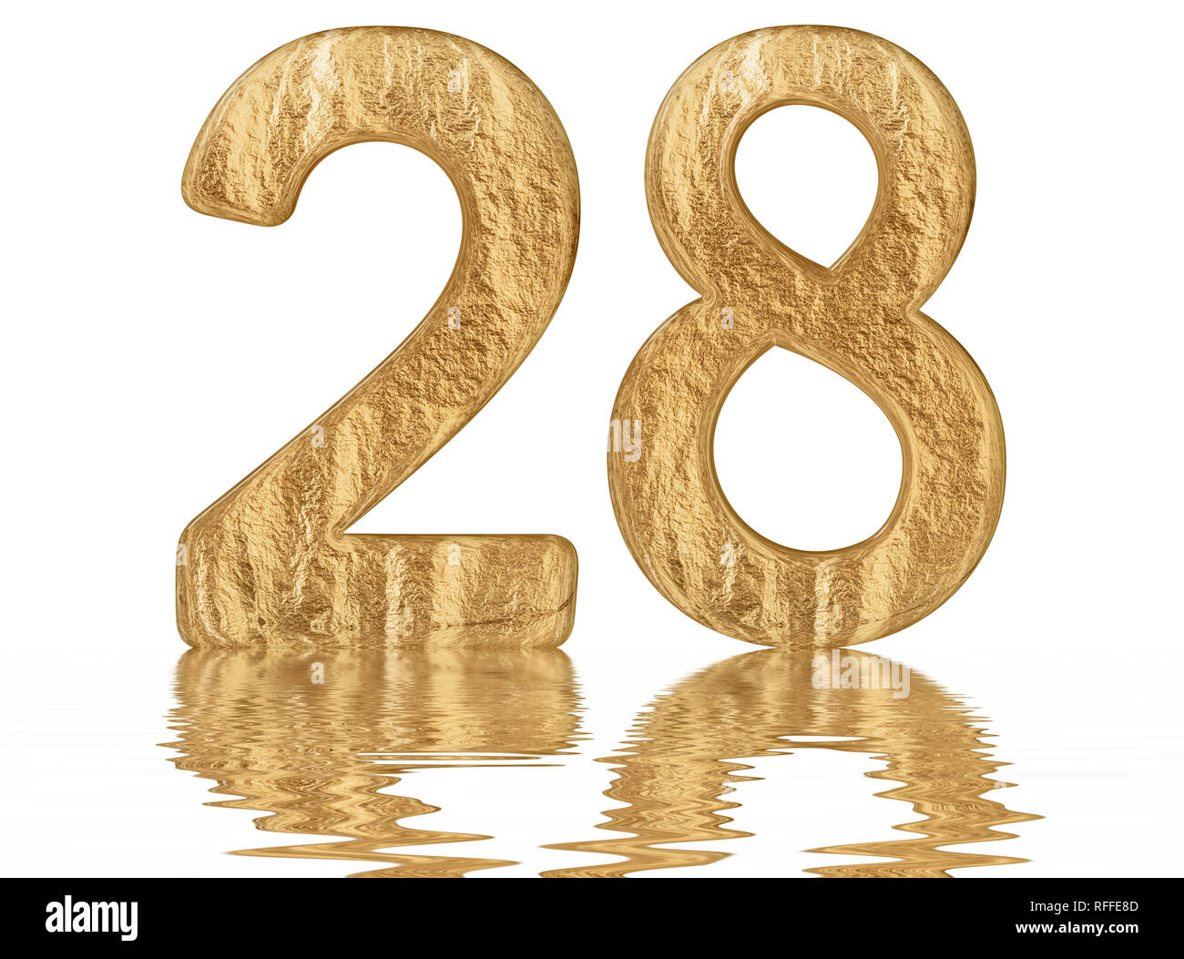 Numeral 28, twenty eight, reflected on the water surface, isolated on ...
