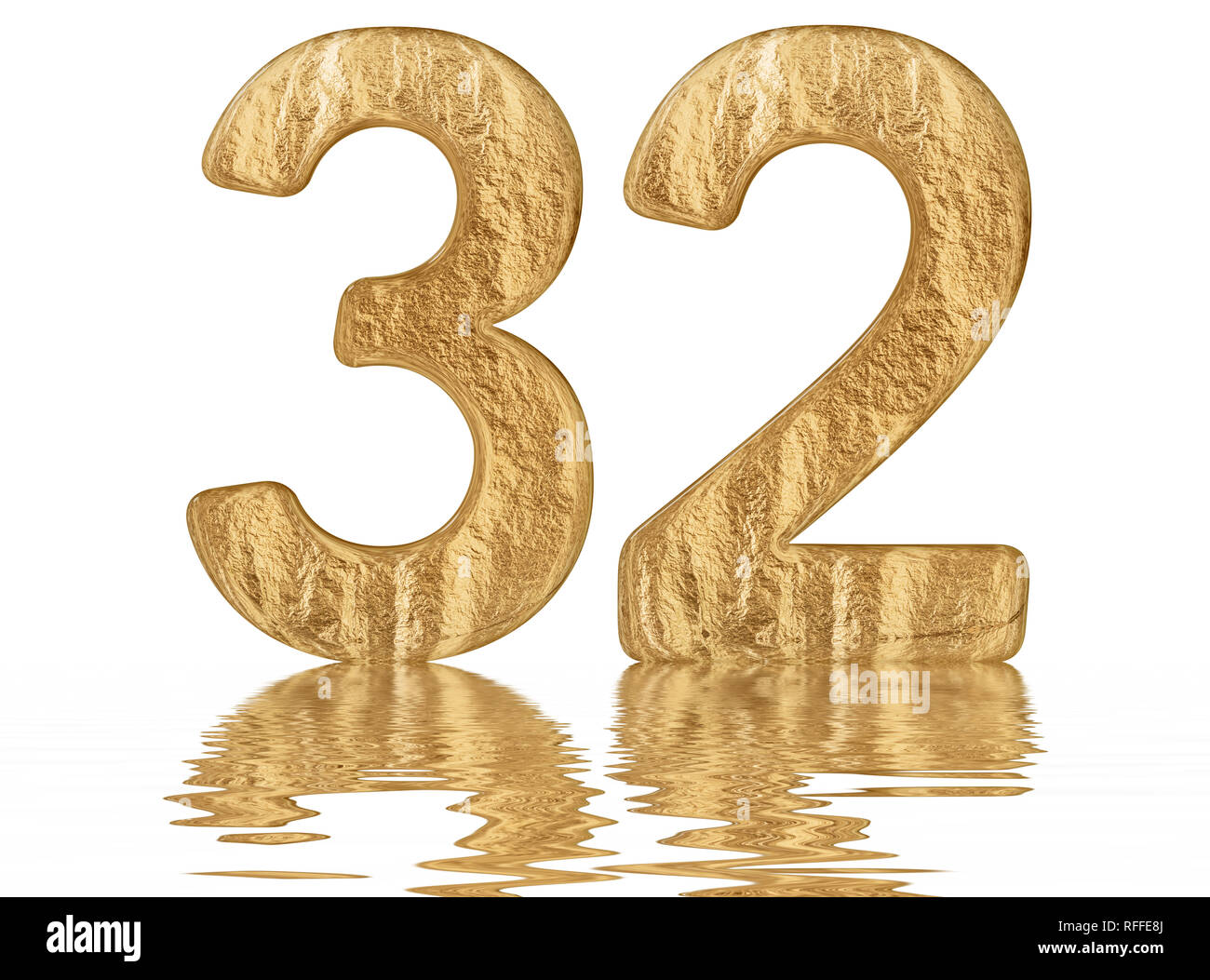 Numeral 32, thirty two, reflected on the water surface, isolated on ...