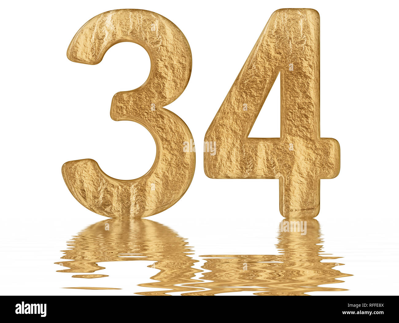 Numeral 34, thirty four, reflected on the water surface, isolated on ...