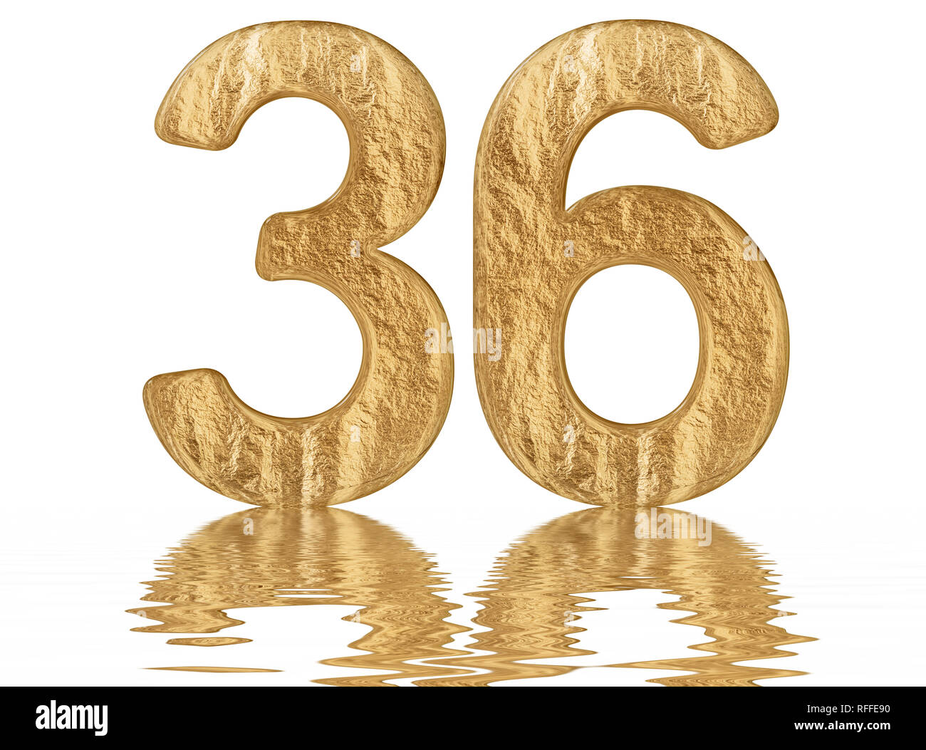 Numeral 36, thirty six, reflected on the water surface, isolated on ...