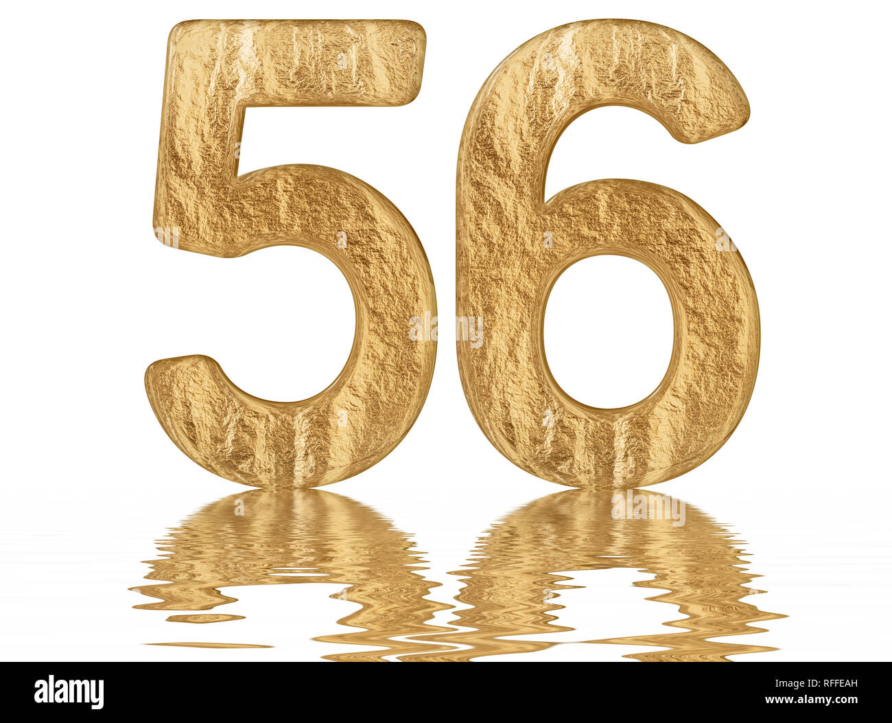 Numeral 56, fifty six, reflected on the water surface, isolated on ...