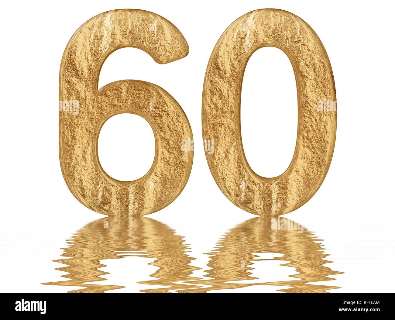 Numeral 60, sixty, reflected on the water surface, isolated on white ...