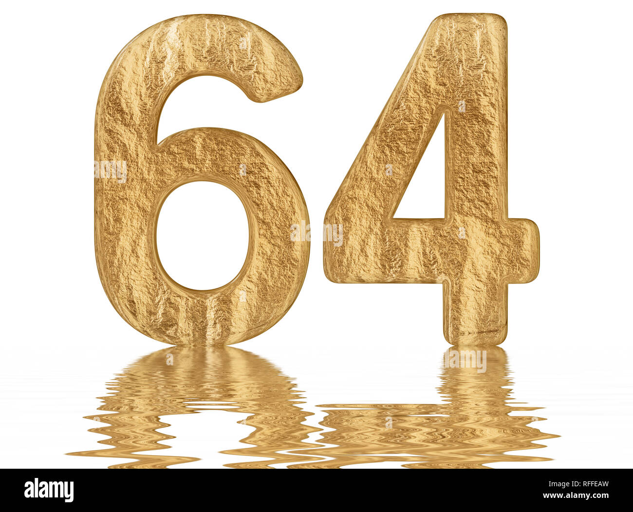 Numeral 64, sixty four, reflected on the water surface, isolated on ...