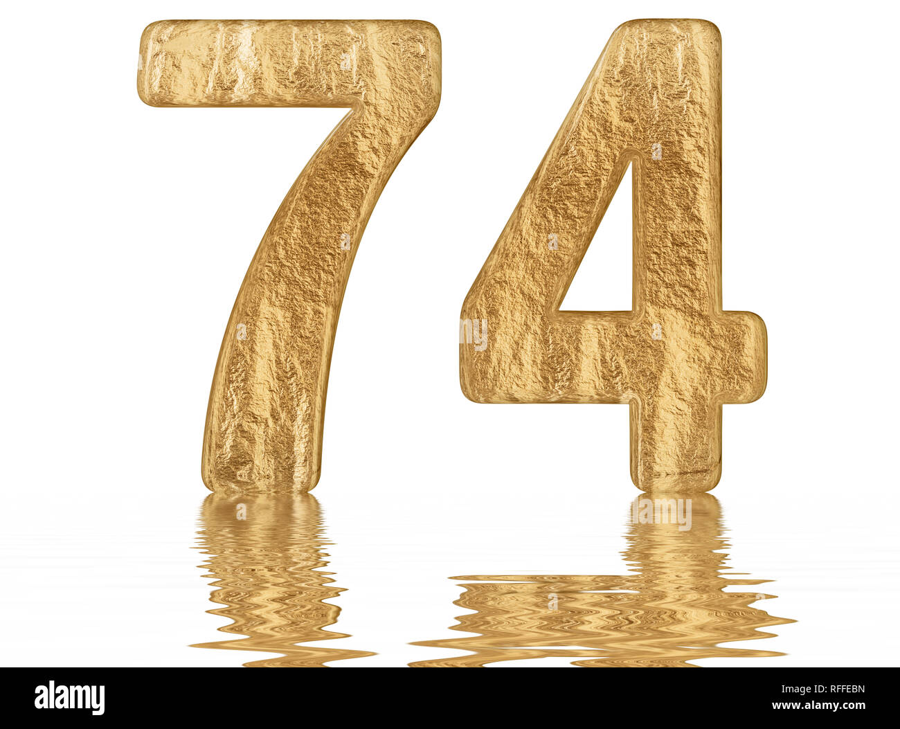 Numeral 74, seventy four,, reflected on the water surface, isolated on ...