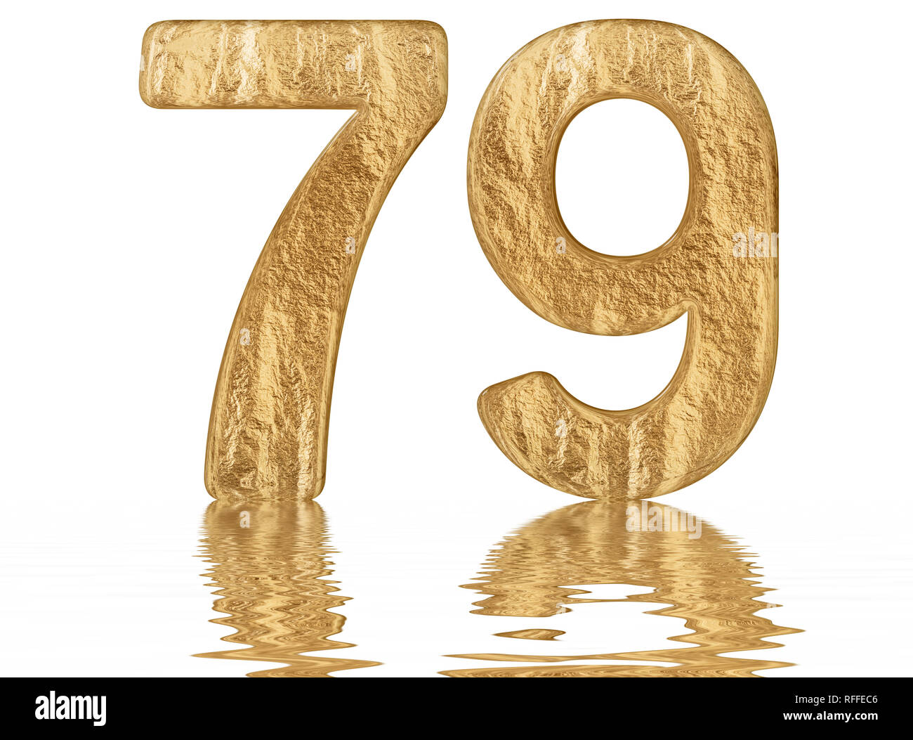 Numeral 79, seventy nine, reflected on the water surface, isolated on ...