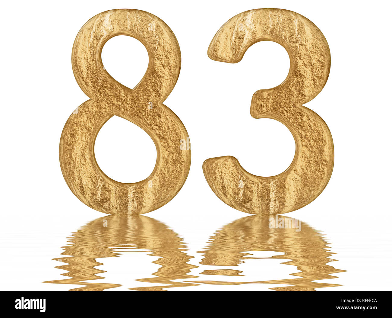 Numeral 83, eighty three, reflected on the water surface, isolated on ...