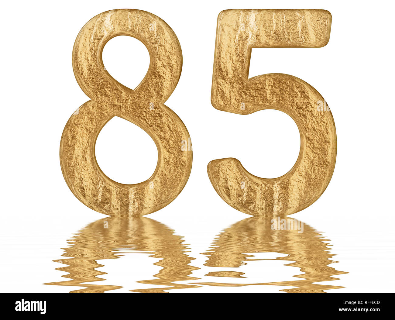 Numeral 85, eighty five, reflected on the water surface, isolated on ...