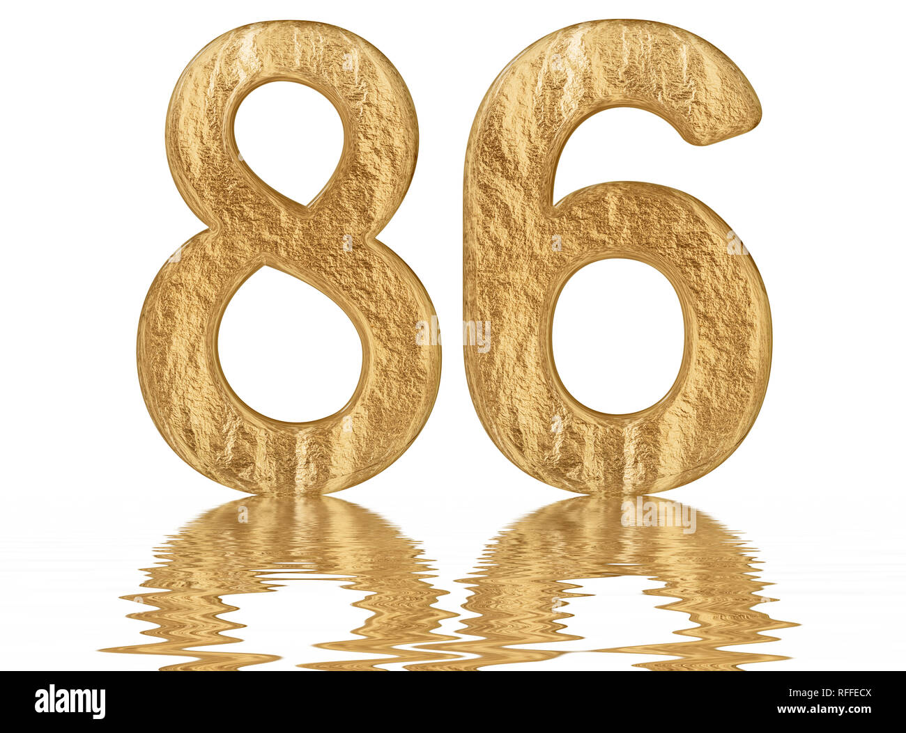 Numeral 86, eighty six, reflected on the water surface, isolated on ...