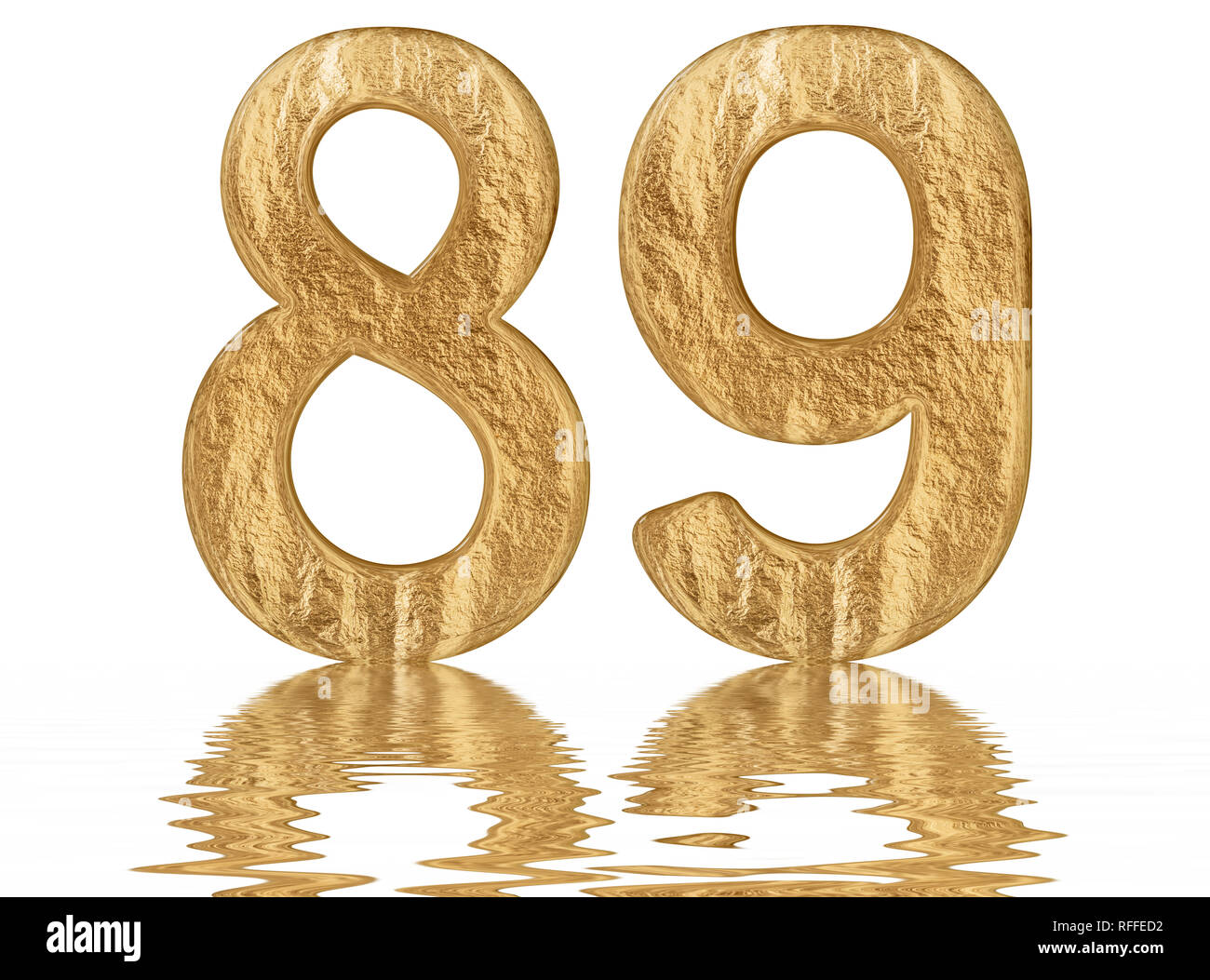 Numeral 89, eighty nine, reflected on the water surface, isolated on ...