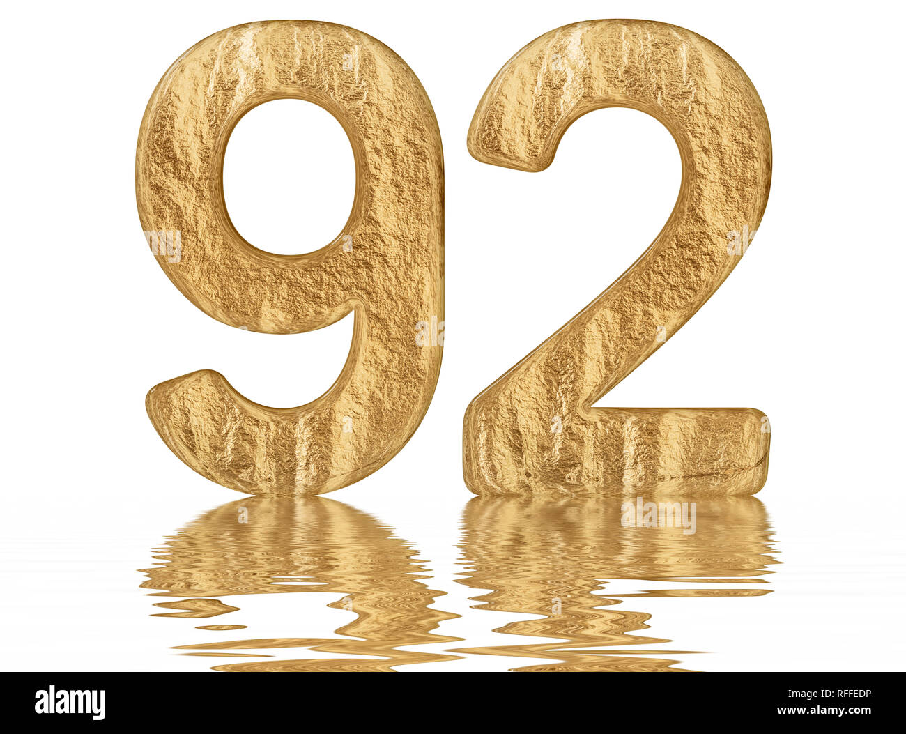 Numeral 92, ninety two, reflected on the water surface, isolated on ...