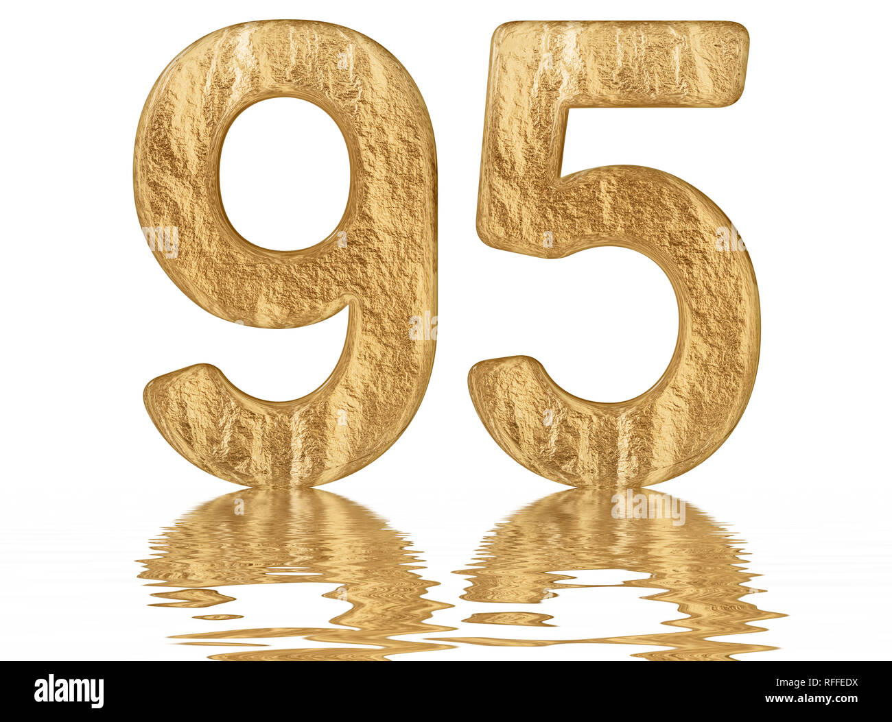 Numeral 95, ninety five, reflected on the water surface, isolated on ...