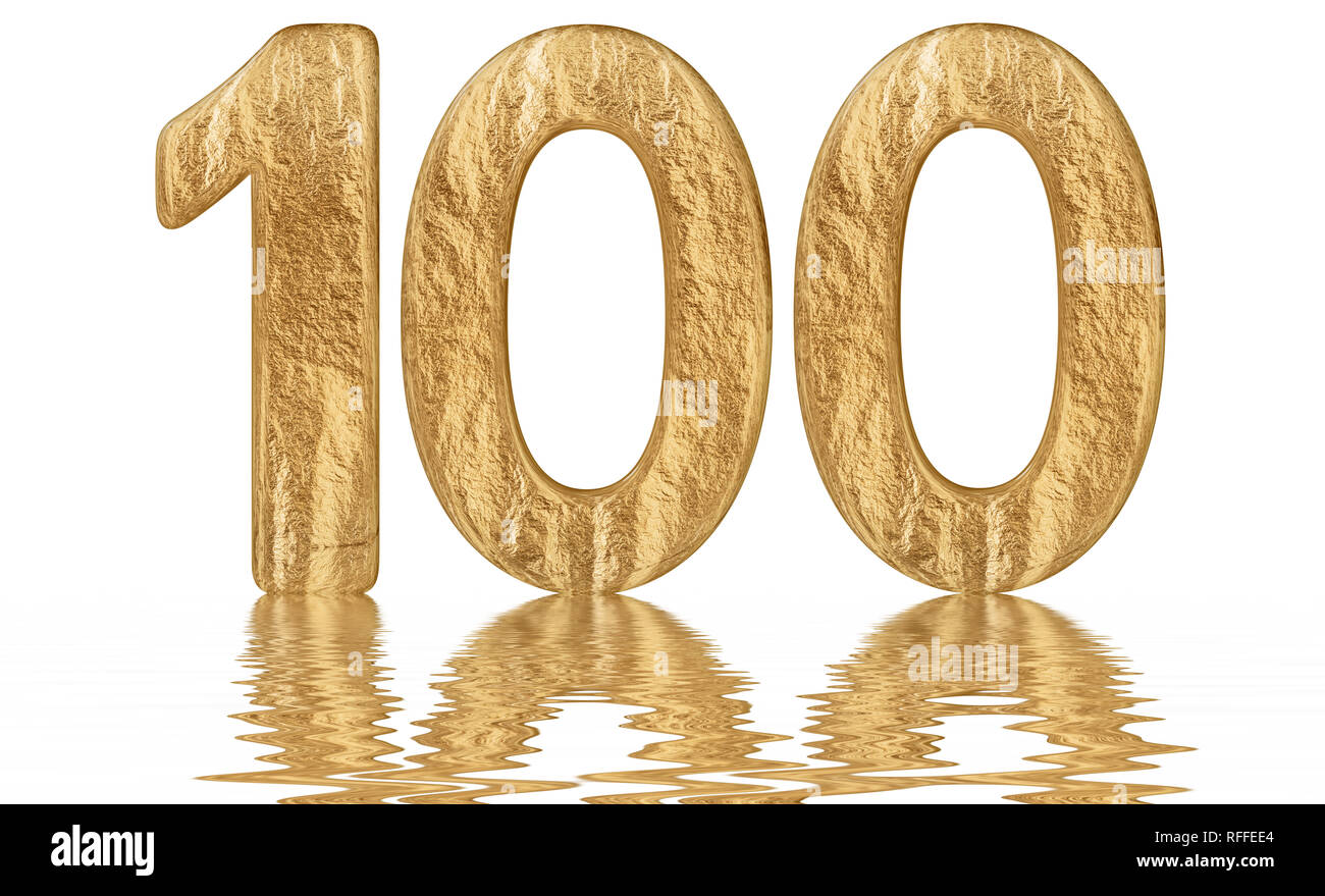 Numeral 100, one hundred, reflected on the water surface, isolated on ...