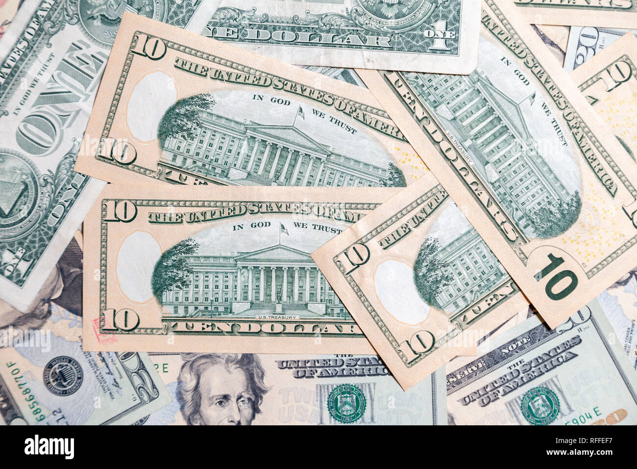 Closeup lot of american dollar banknotes with presidents. Concept leap ...
