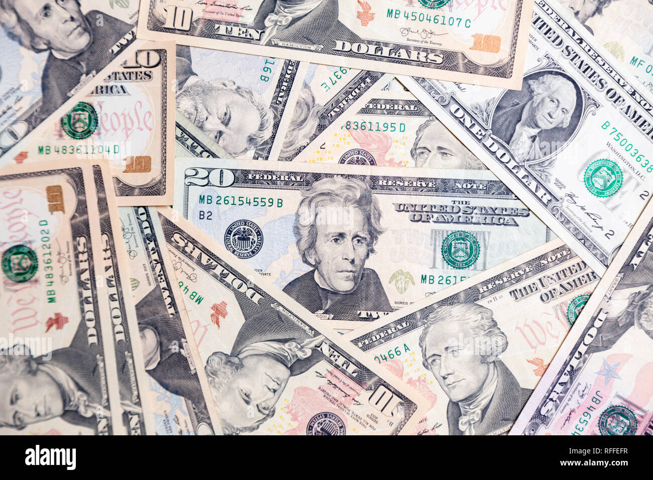 Closeup lot of american dollar banknotes with presidents. Concept leap ...