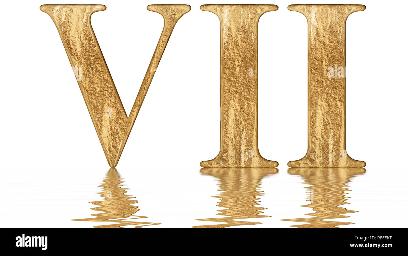 Roman numeral VII, septem, 7, seven, reflected on the water surface ...
