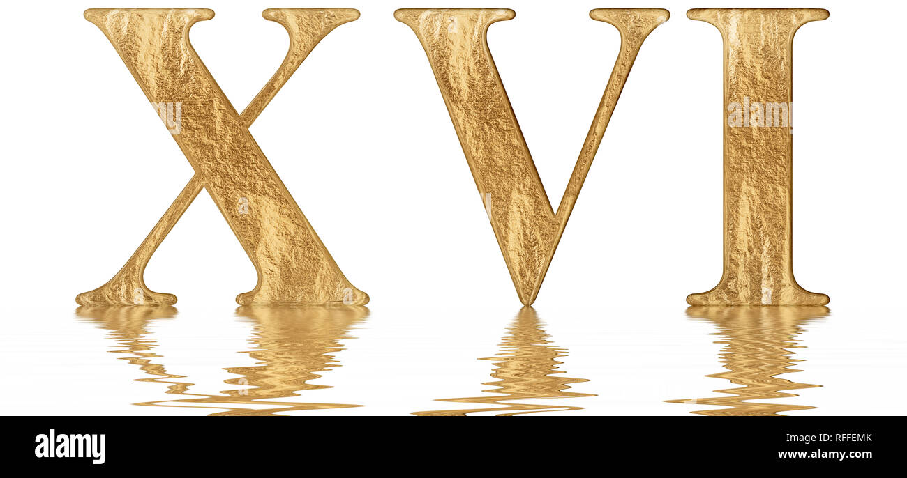 Roman numeral XVI, sedecim, 16, sixteen, reflected on the water surface ...