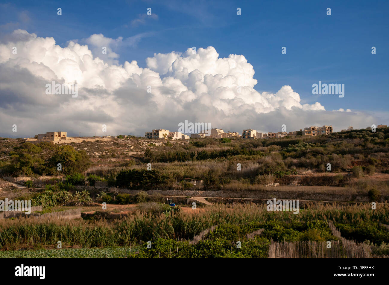 The outskirts of Qala village on Gozo, Malta, under a blue sky with ...