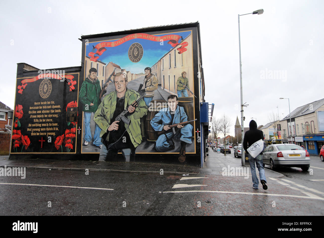 Peace walls and murals Belfast 2018. UVF mural which once showed gunmen ...