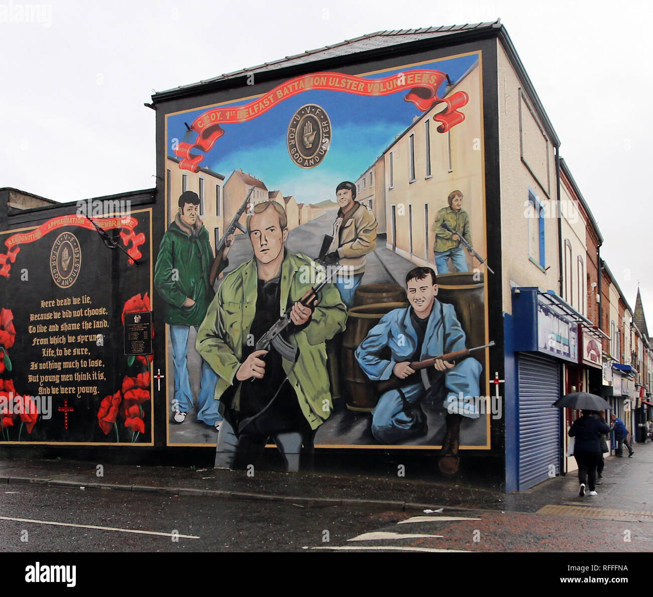 Peace walls and murals Belfast 2018. UVF mural which once showed gunmen ...