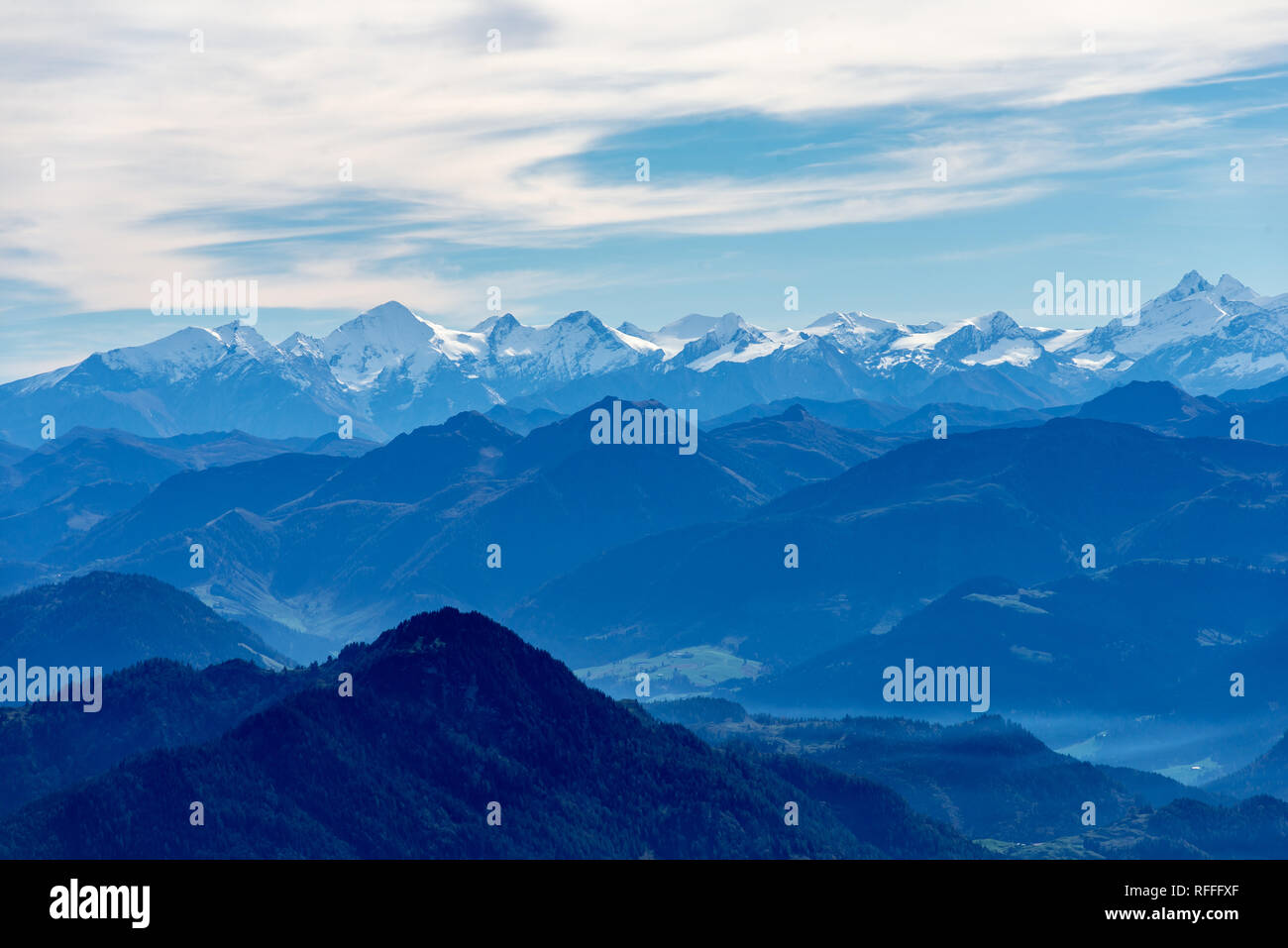 alps mountain range in blue appearance due to aerial perspective ...