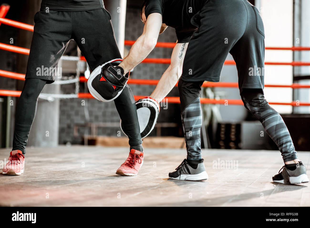 Boxing trainer keeping leg of a man learning how to fight correctly on ...