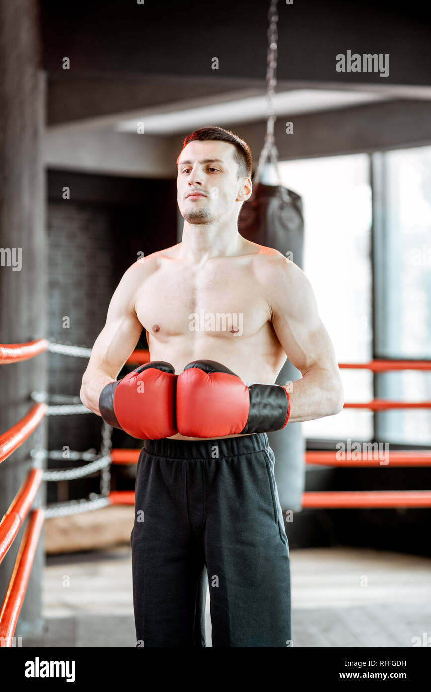 Portrait of a strong boxer showing muscles during the training on the ...