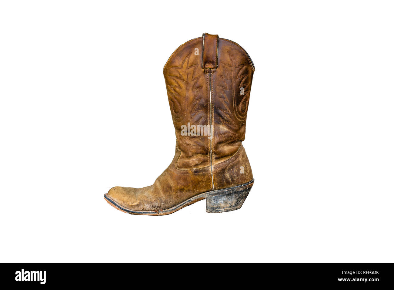old brown cowboy boot isolate against white background Stock Photo - Alamy