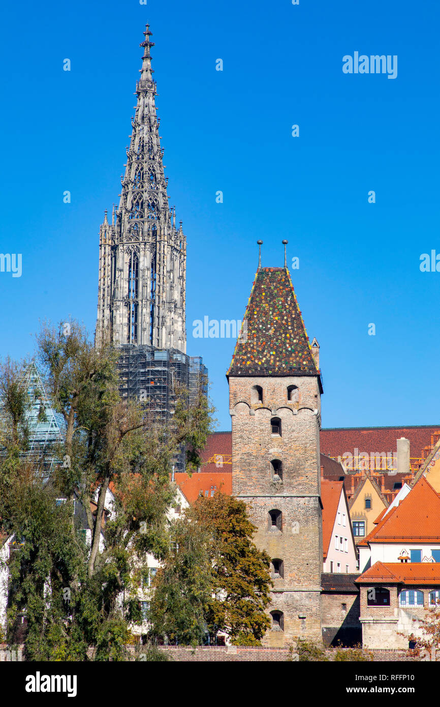 Ulm, skyline of the Old Town on the Danube river, Germany, Ulmer ...