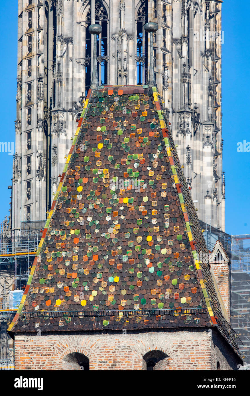 Ulm, skyline of the old town with the Ulmer MŸnster, butcher's tower ...