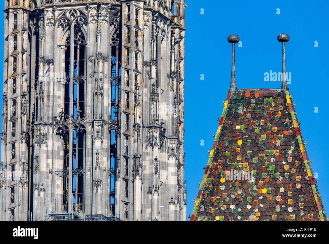 Ulm, skyline of the old town with the Ulmer MŸnster, butcher's tower ...