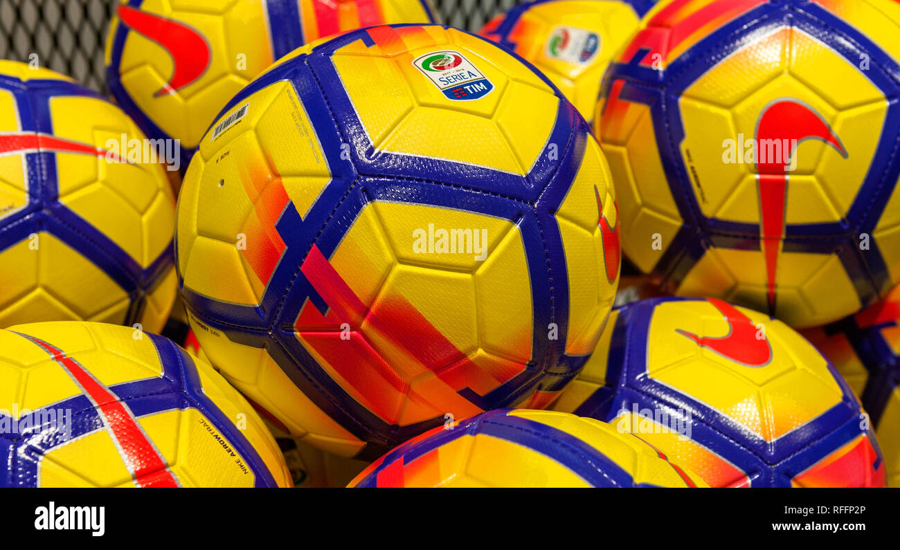 Balls on sale in the official fan shop at San Siro stadium. Milan ...