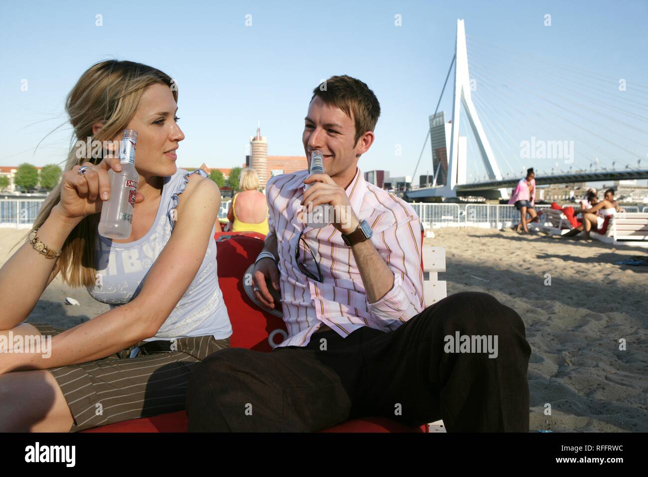 NLD Netherlands Rotterdam: Summer beach club at the Nieuwe Maas river ...